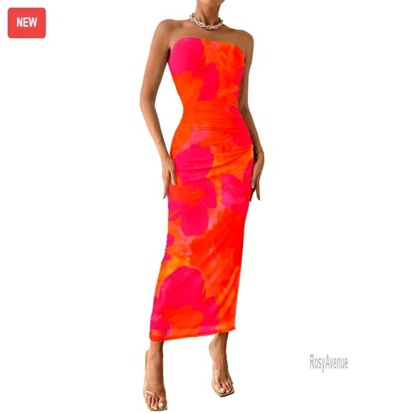 Dresses | Strapless Maxi Bodycon Dress Floral Mesh Wedding Guest Beach ...